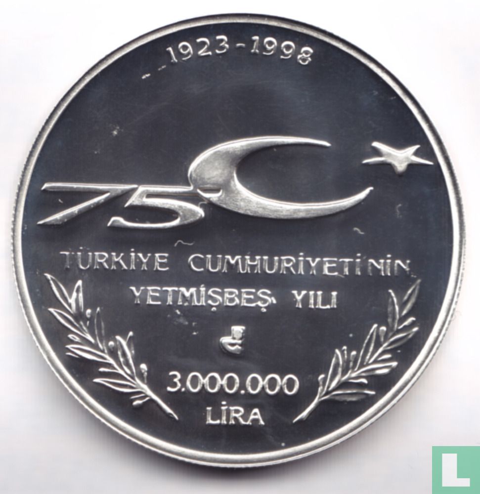 Turkije 3.000.000 lira 1998 (PROOF) "75ste verjaardag van de Republiek ...