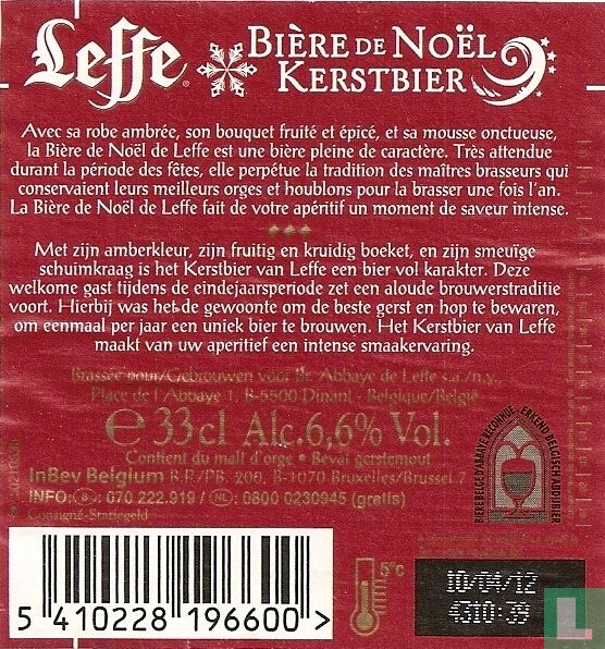 Leffe Bière de Noel Kerstbier (2010) - Abbaye de Leffe (InBev) - LastDodo