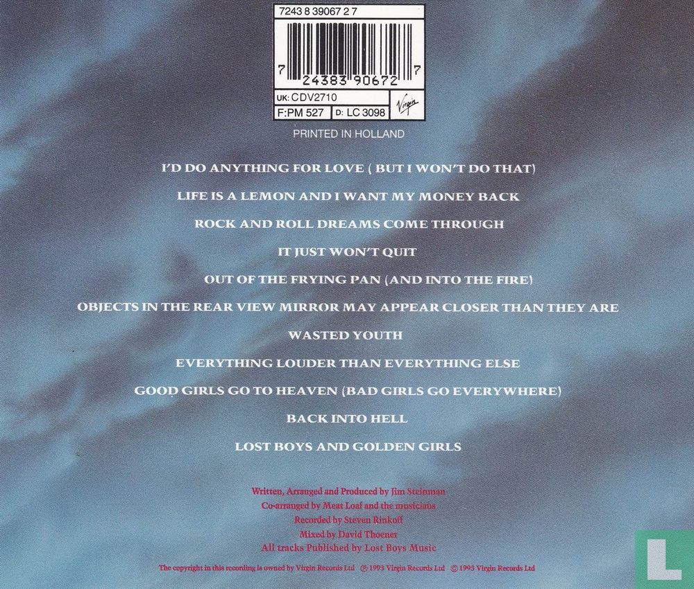 Bat Out of Hell II: Back Into Hell CD CDV 2710 7243 8 39067 27 (1993 ...