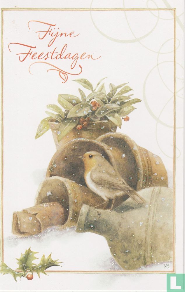 Fijne Feestdagen - Roodborstje op bloempotten - Hallmark - LastDodo
