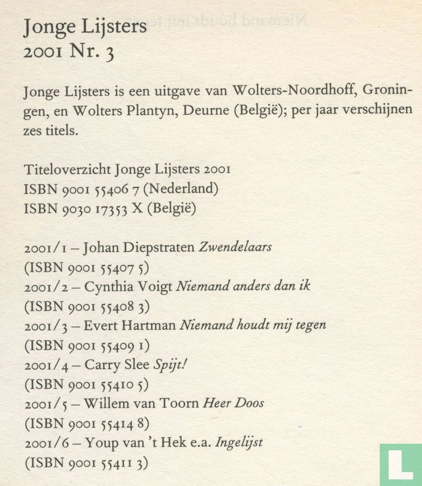 Niemand houdt mij tegen 200103 (2001) - Hartman, Evert - LastDodo