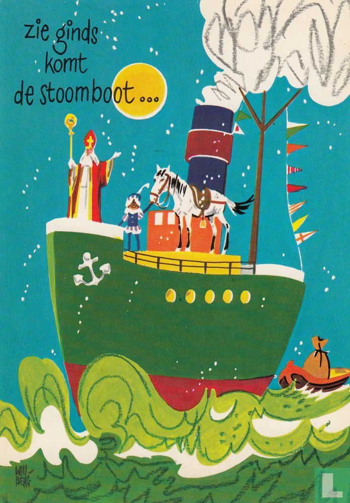 Kinderkaart/sinterklaaskaart zie ginds komt de stoomboot ...