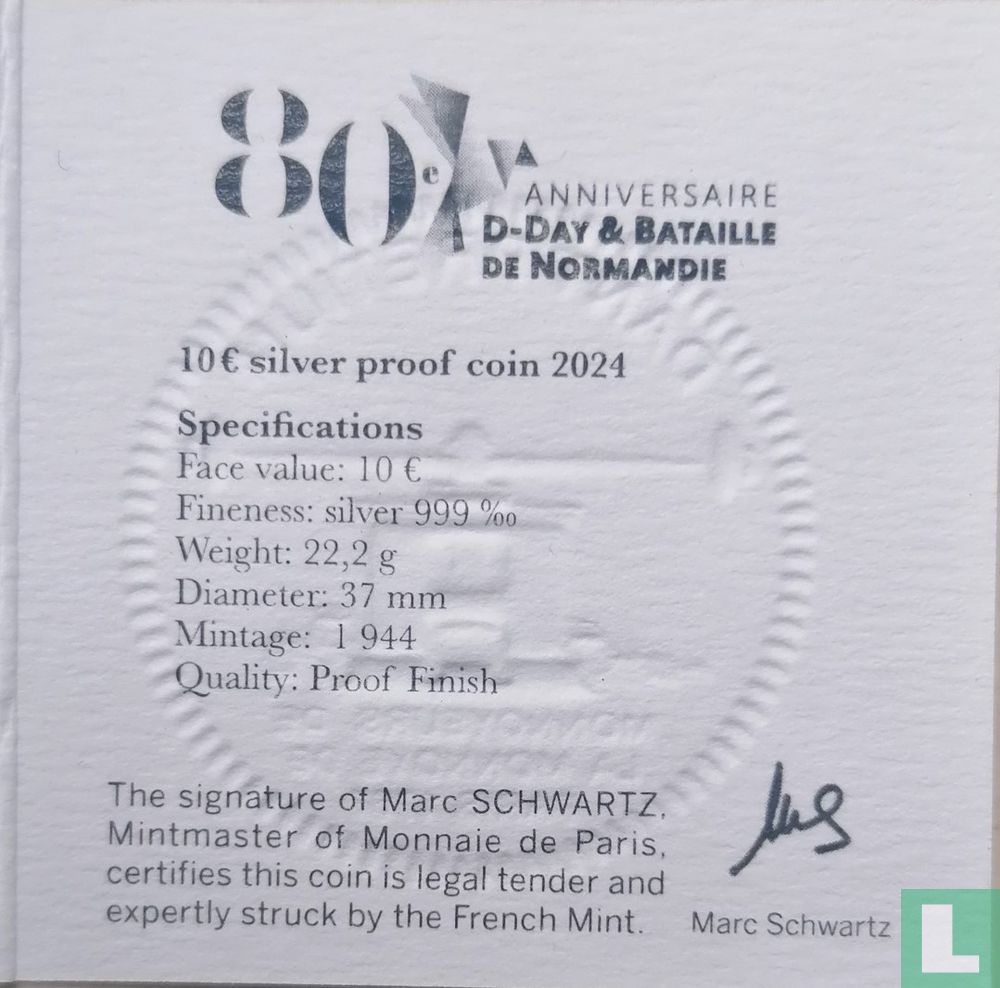 Frankreich 10 Euro 2024 (PP) "80. Jahrestag von D-Day – Omaha Beach" KM# 3368 (2024 ...