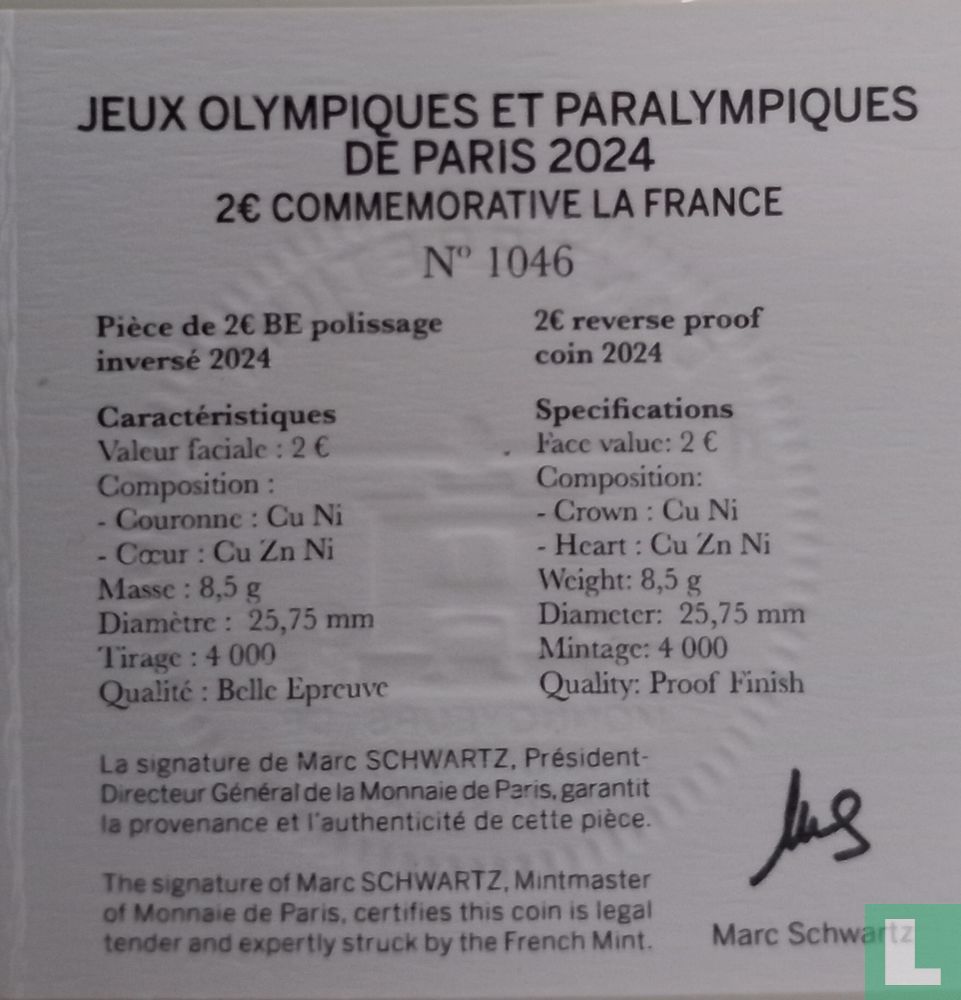 France 2 euro 2024 (PROOF - colourless) "Summer Olympics in Paris ...