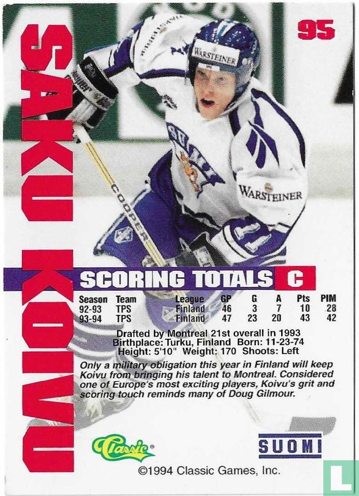 Saku Koivu 95 (1994) - 1994-95 Hockey - LastDodo