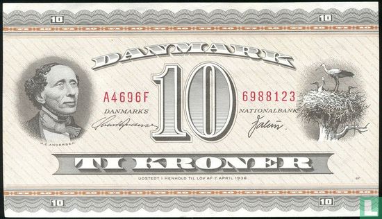 Denmark 10 kroner (prefix A5-A8, Andersen & Valeur) (1969) - Danmarks ...